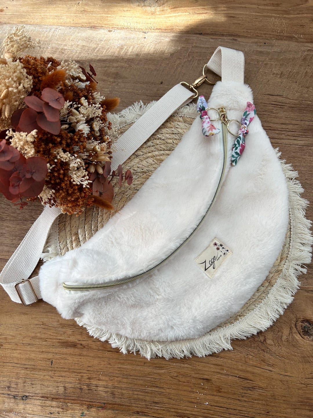 Women's Winter Fanny Pack | White Faux Fur, Floral Cotton Gauze Lining ...