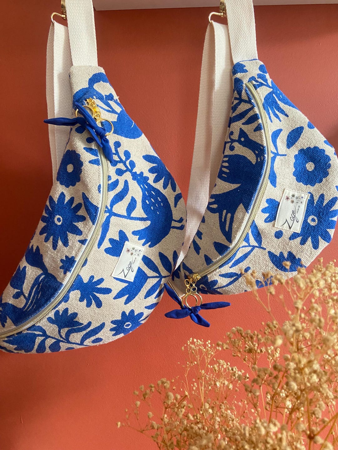 Women's Summer Fanny Pack | Beige Indian Canvas With Blue Patterns ...
