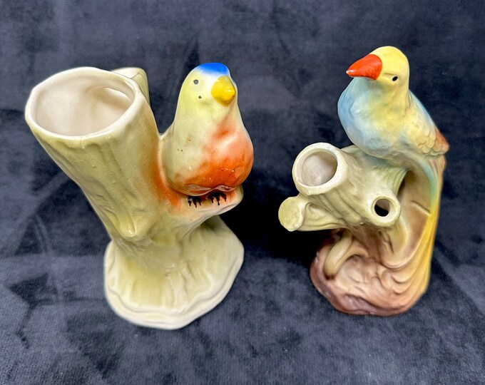 2 Vintage Antique Perching Birds Pottery Spill Vases Czecho-slovakia ...