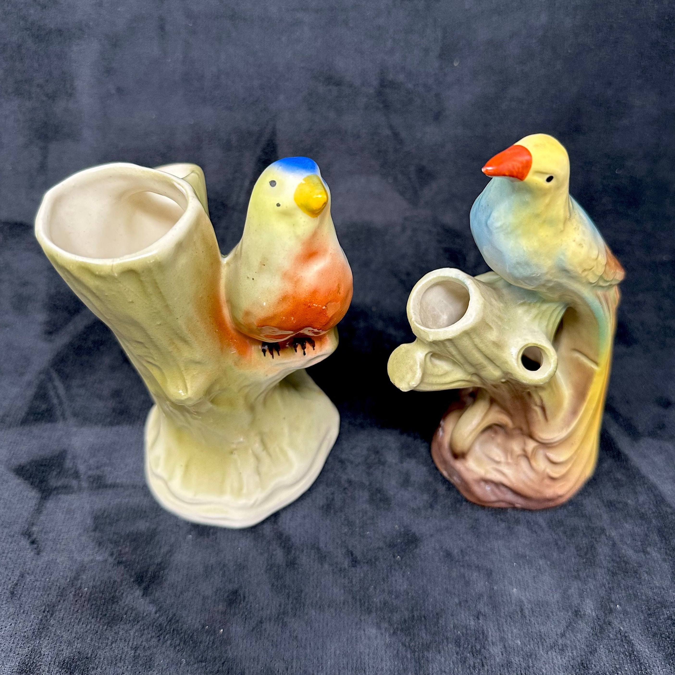 2 Vintage Antique Perching Birds Pottery Spill Vases Czecho-slovakia ...