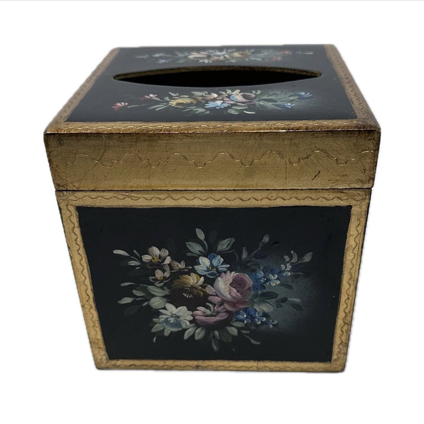 Vintage Florentine Wood Tissue Box: Hand-painted, Gold Black With ...