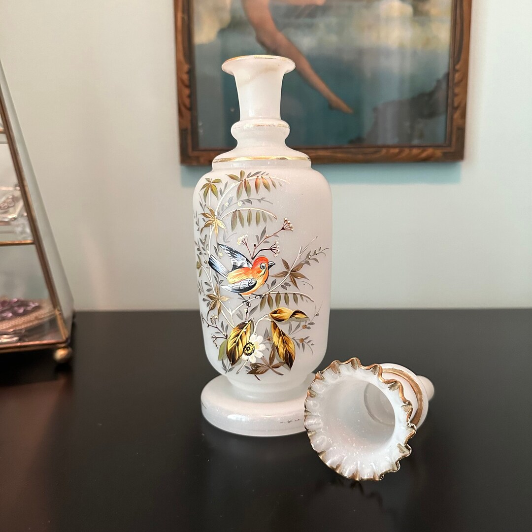 Antique Victorian Bristol Glass Vanity Bottle / Decanter With Cup-shaped Stopper: Bird and ...