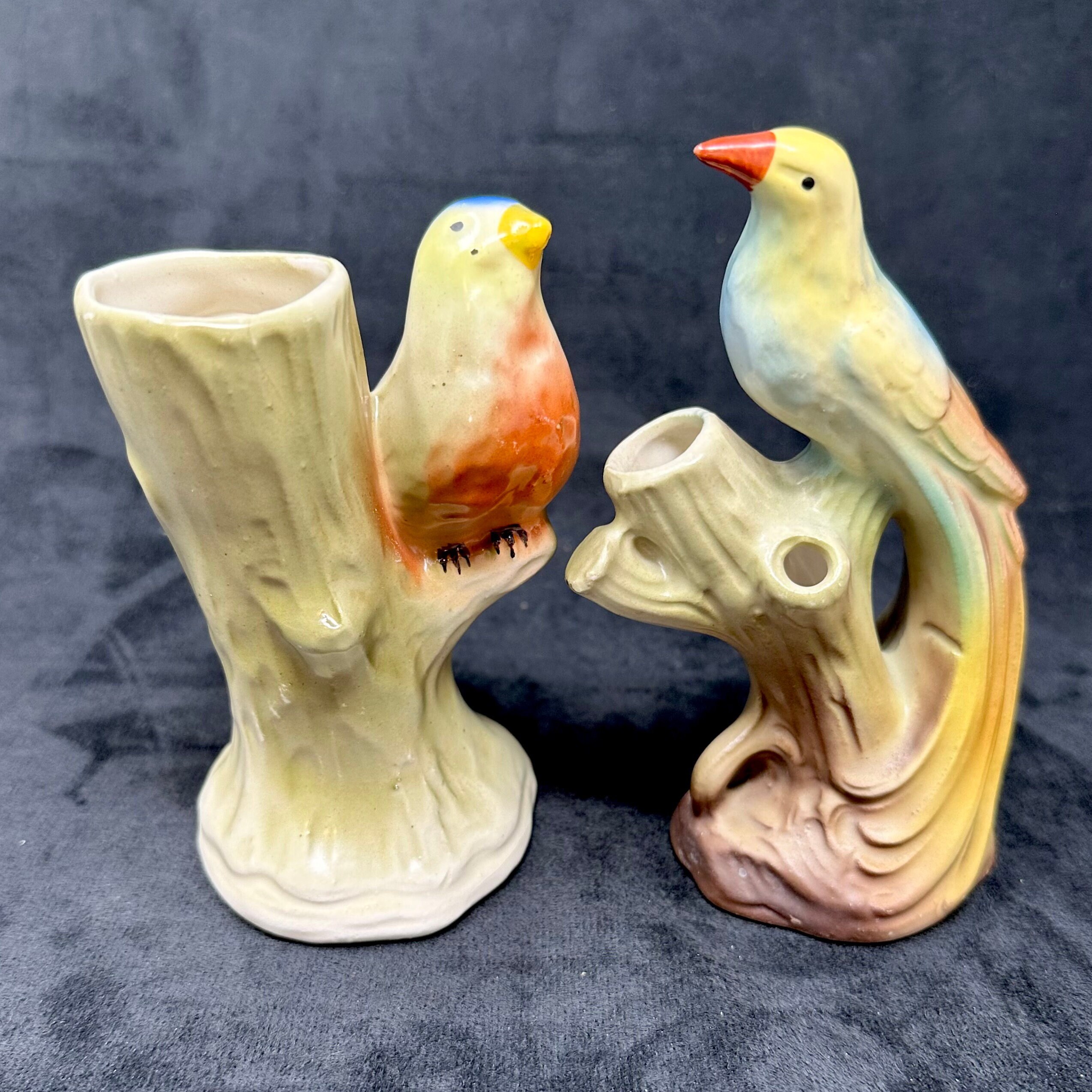 2 Vintage Antique Perching Birds Pottery Spill Vases Czecho-slovakia ...