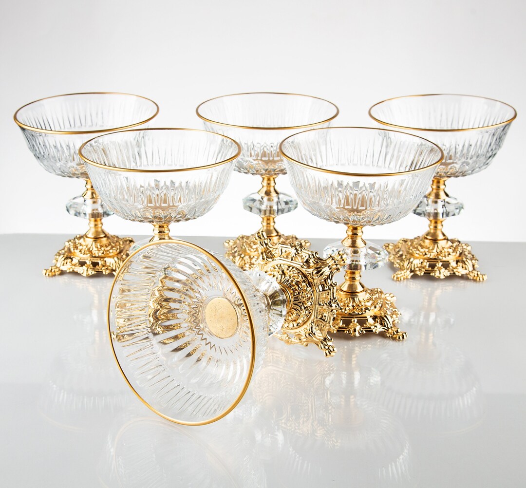 Round Glass Snack Bowl Set With Ornate Metal Base - 6 Piece - Etsy
