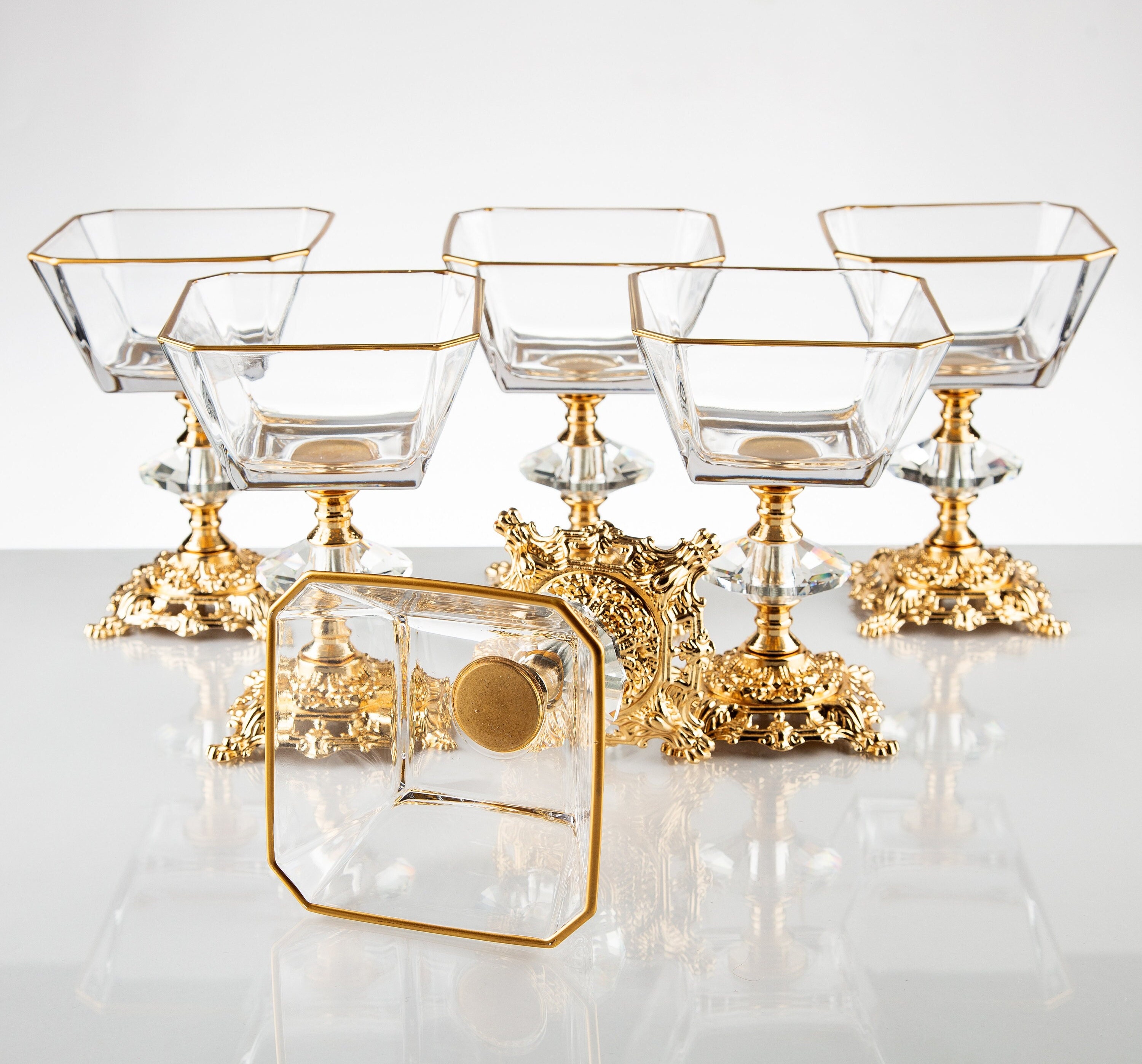 Glass Dessert Snack Bowl Set With Ornate Metal Base - Hexagonal Design ...