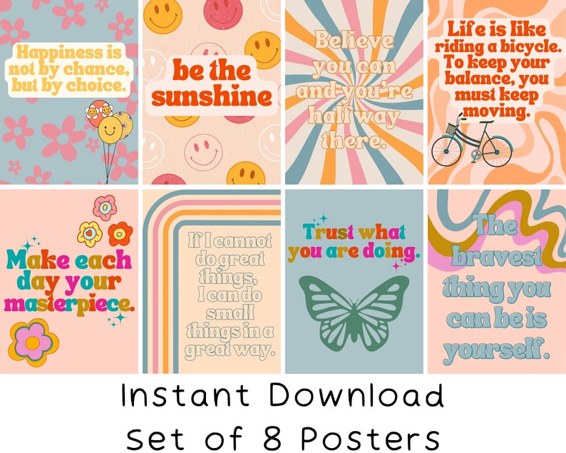 Groovy Poster Set set of 8 Inspirational Quotes Retro - Etsy