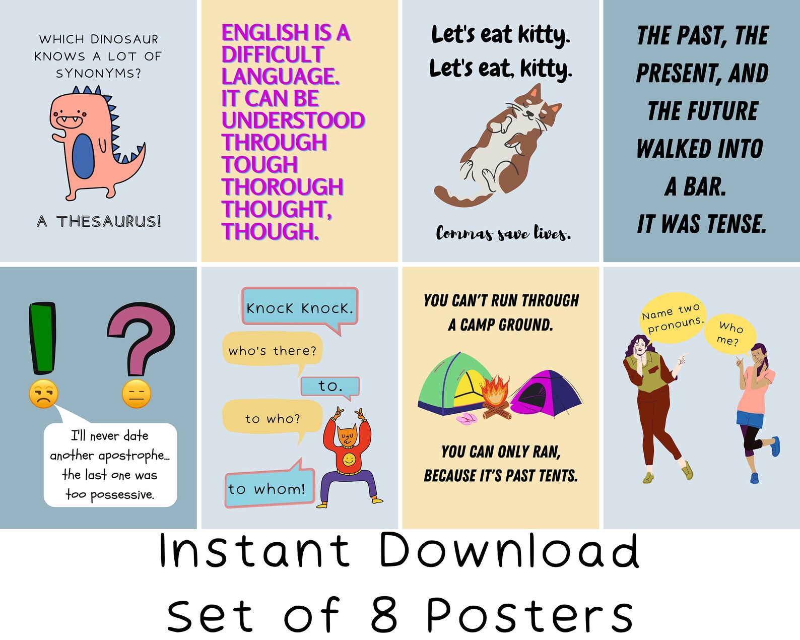 Grammar Puns Posters set of 8 Printable ELA Classroom - Etsy