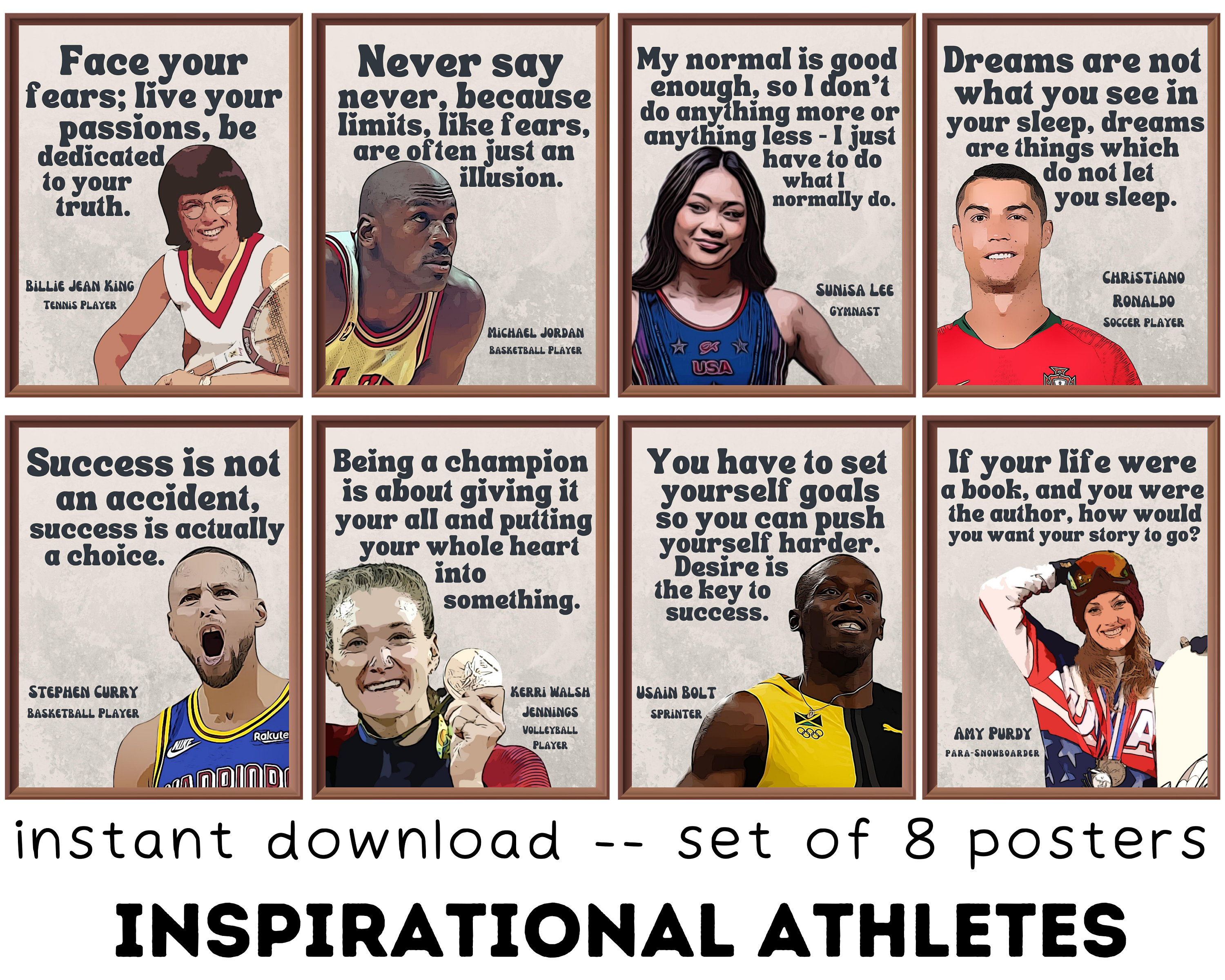 Retro Inspirational Athletes set of 8 Printable Posters - Etsy