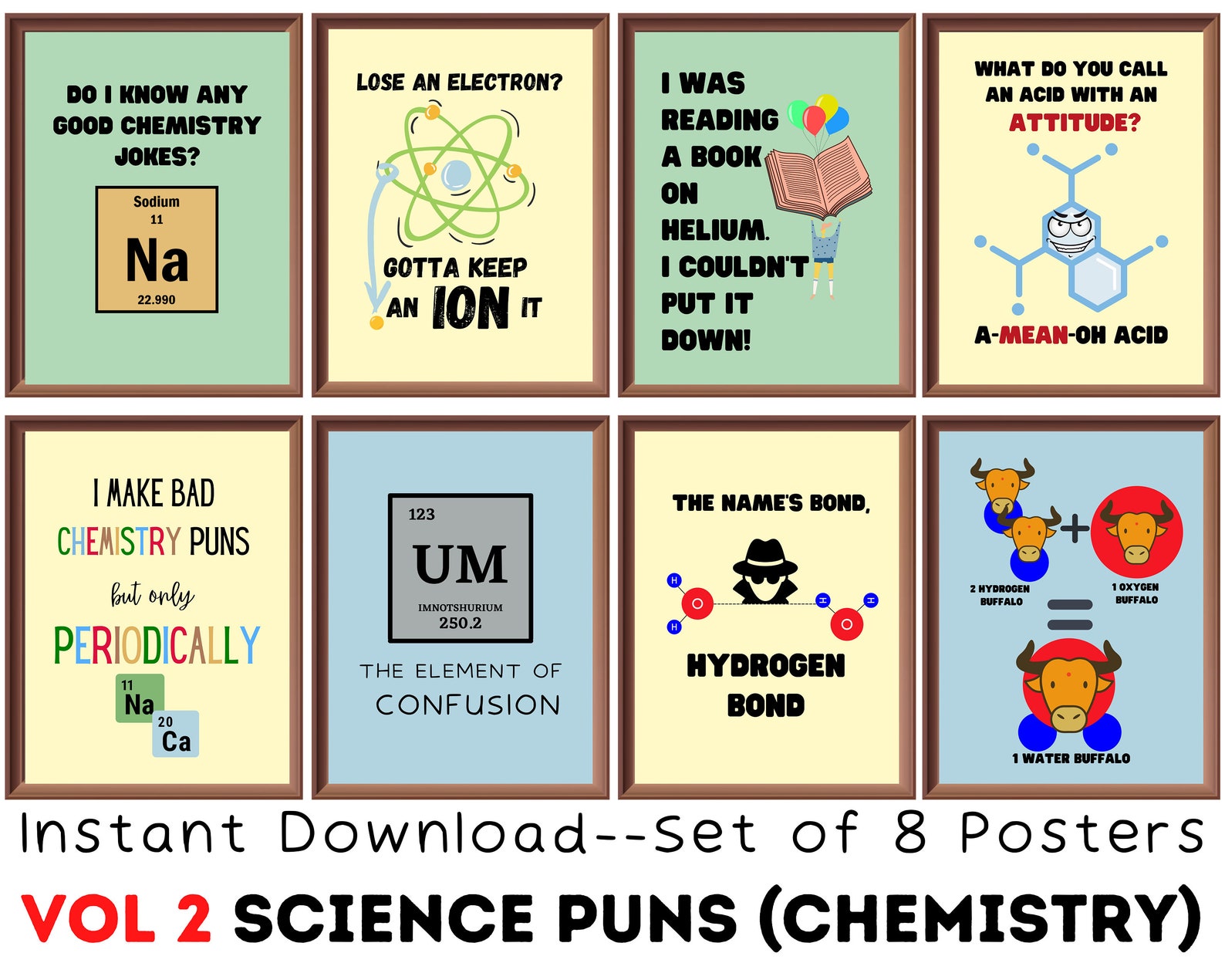 VOL 2 Science Puns (set of 8) Printables, Chemistry Jokes, Funny ...