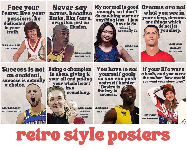 Retro Inspirational Athletes (set of 8) Printable Posters, Motivational ...
