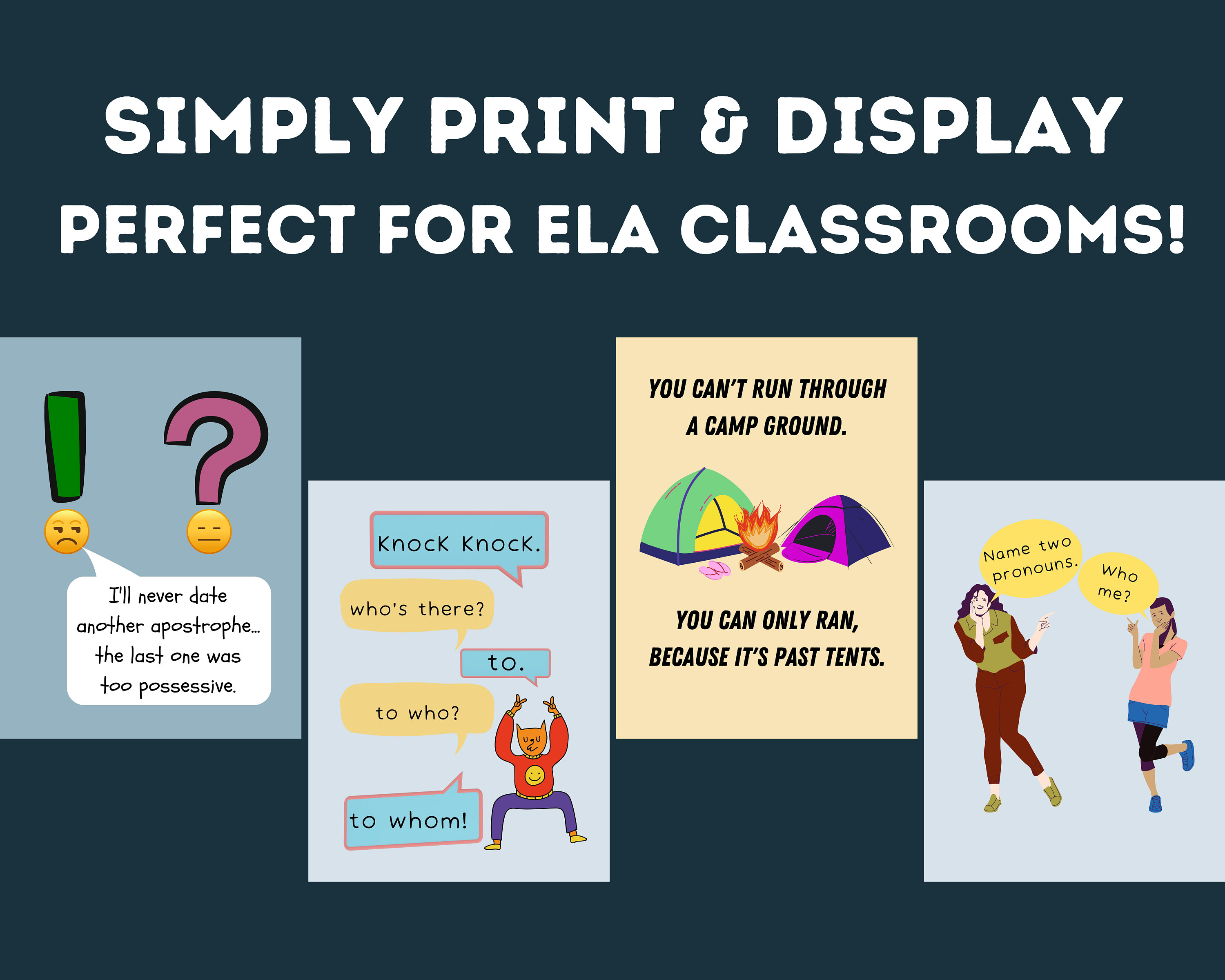 Grammar Puns Posters (set of 8) Printable, ELA Classroom Decor ...