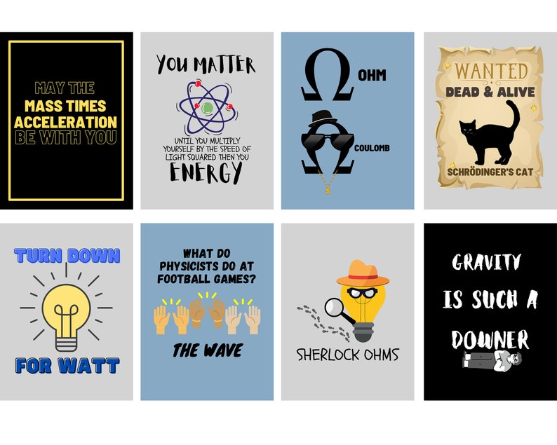 Science Posters set of 8 Printables Physics Puns Science - Etsy