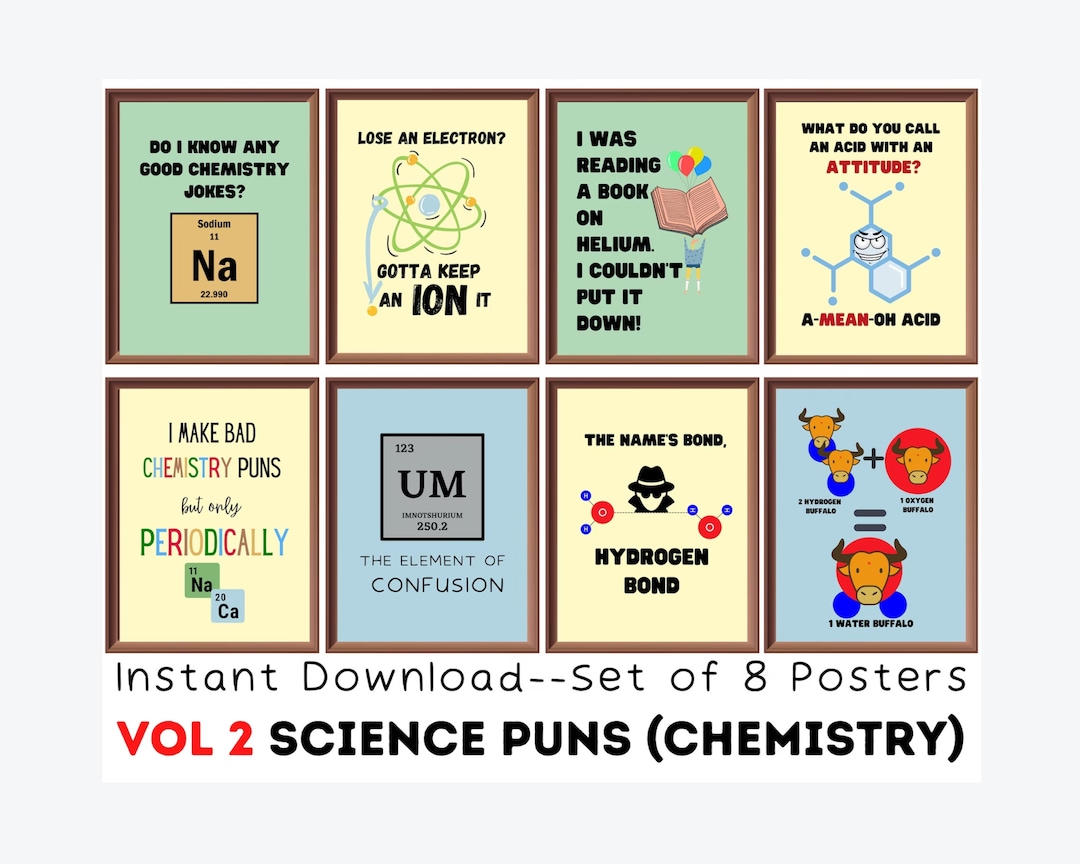 VOL 2 Science Puns (set of 8) Printables, Chemistry Jokes, Funny ...