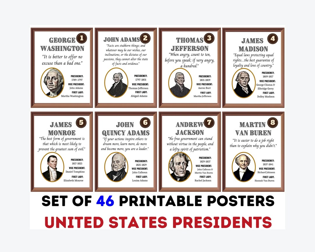 Presidents Posters set of 46 Printable, Motivational Quotes From United ...