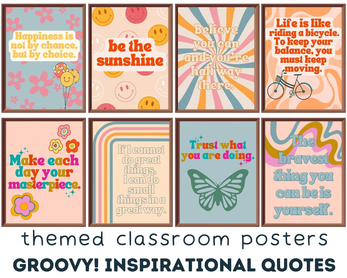 Groovy Poster Set set of 8 Inspirational Quotes Retro - Etsy