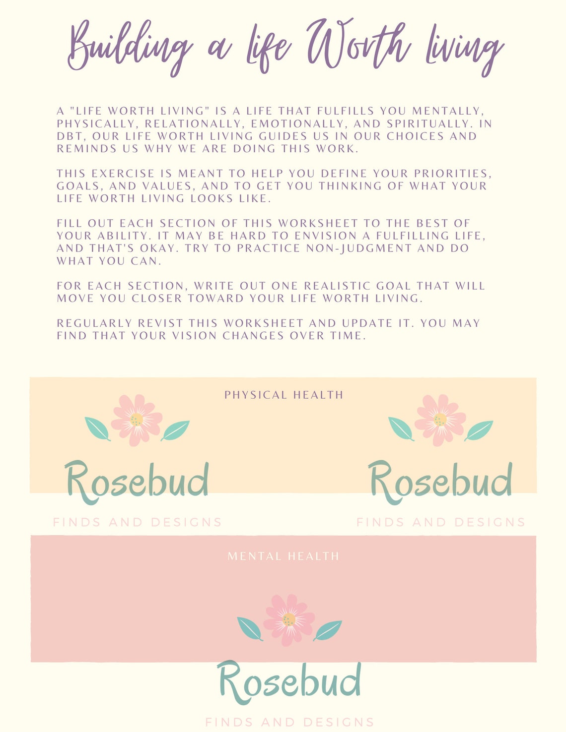 DBT Handout Life Worth Living Worksheet Goal Setting Therapy Handout ...