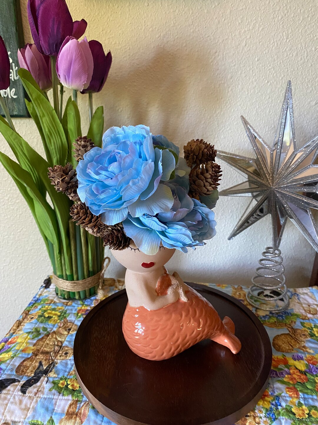 Mermaid Bouquet- Faux Floral Arrangement With Blue Peonies & Pinecones ...