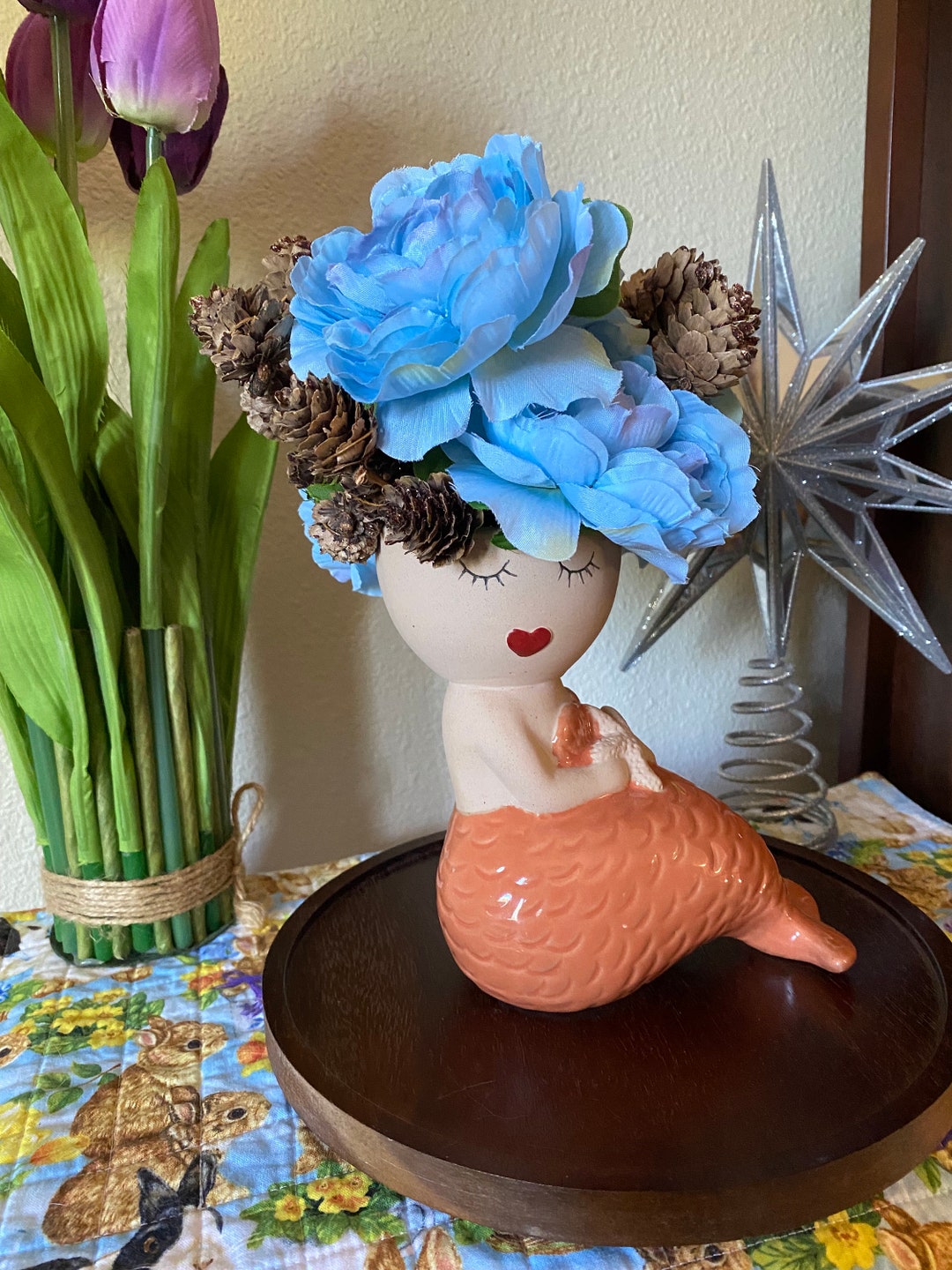 Mermaid Bouquet- Faux Floral Arrangement With Blue Peonies & Pinecones ...