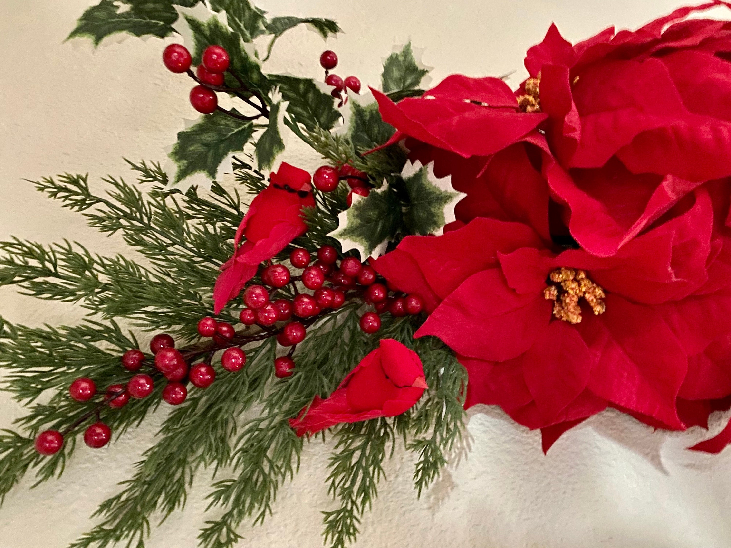 Winter Cardinals and Holly Swag With Poinsettias, Cypress & Berries Red ...