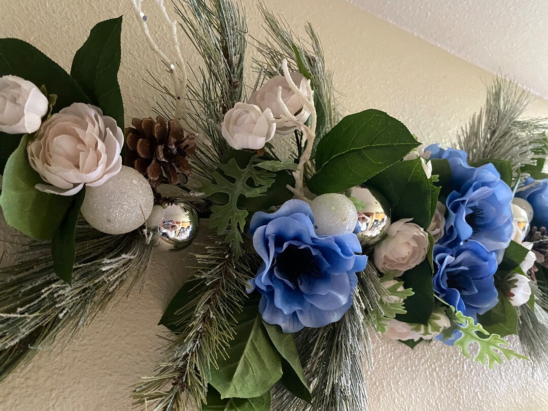 A Royal Winter Swag- Blue White Silver and Green Garland- Pinecones ...