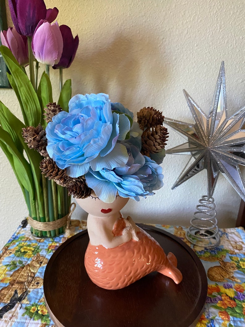Mermaid Bouquet- Faux Floral Arrangement With Blue Peonies & Pinecones ...