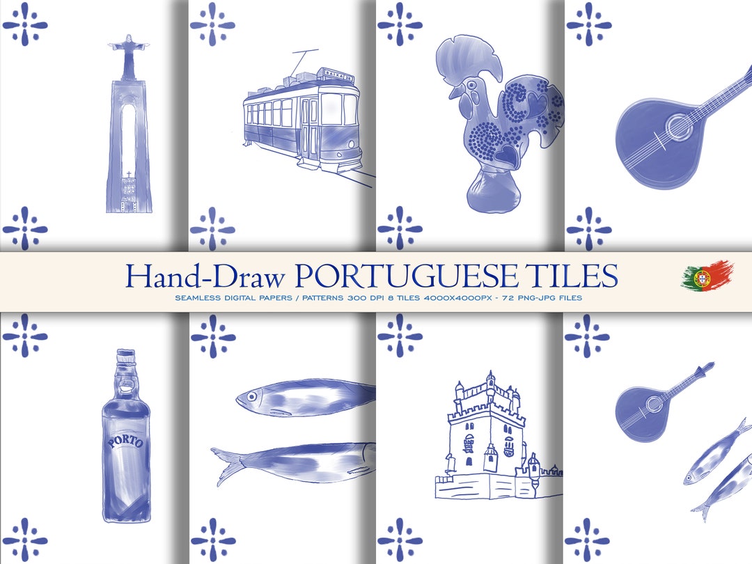 Hand-drawn Portuguese Azulejos Digital Papers, Portuguese Tiles, 72 ...