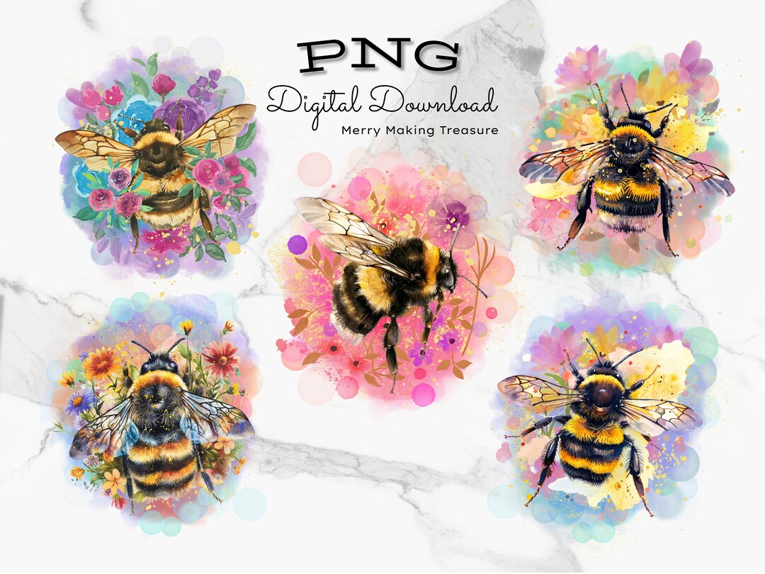Watercolor Bee & Flower Art PNG Clipart, Set of Five 5 Bundle Pack ...