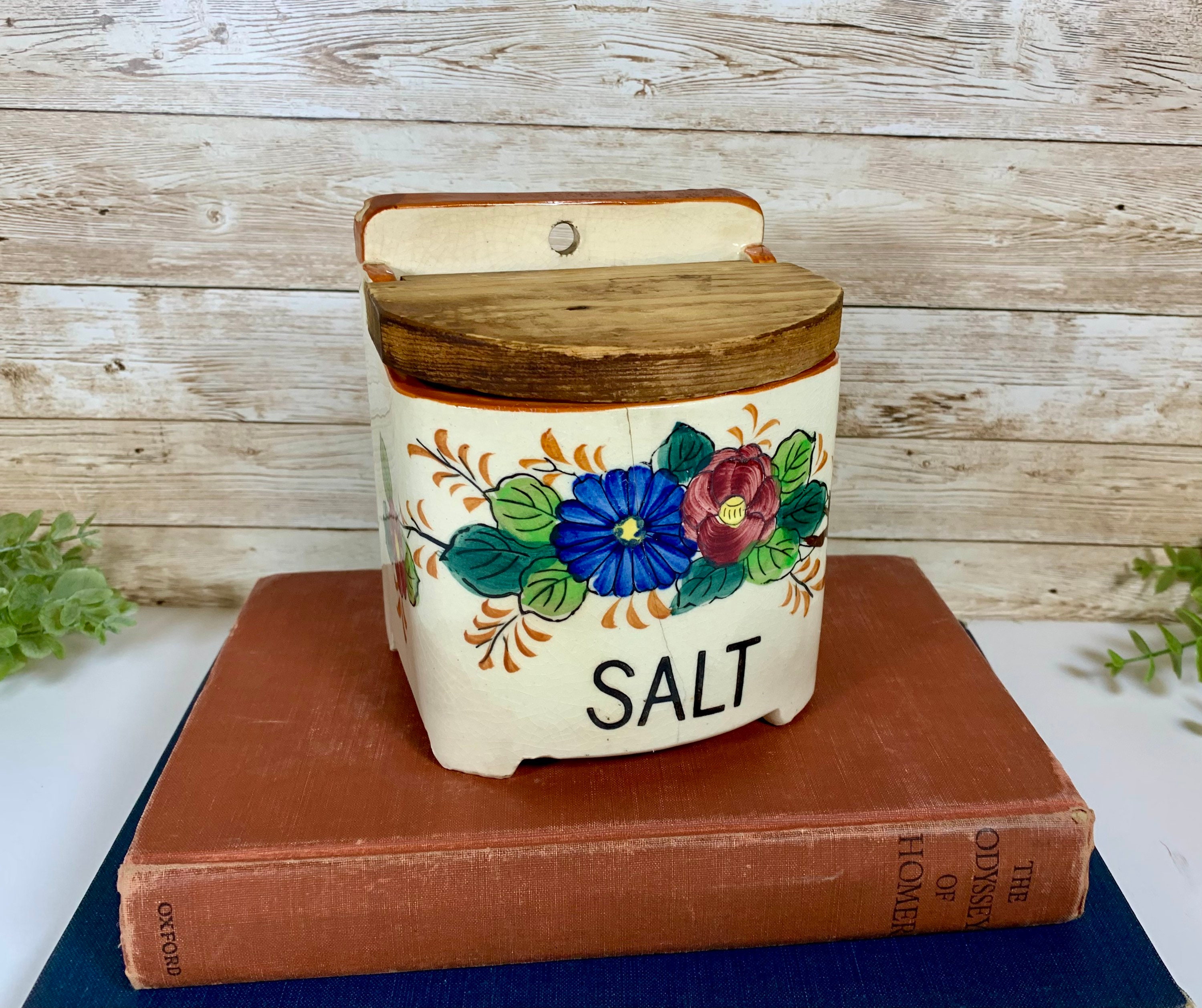 Antique Porcelain Saltbox with Wooden Lid | Vintage Hanging Salt Holder