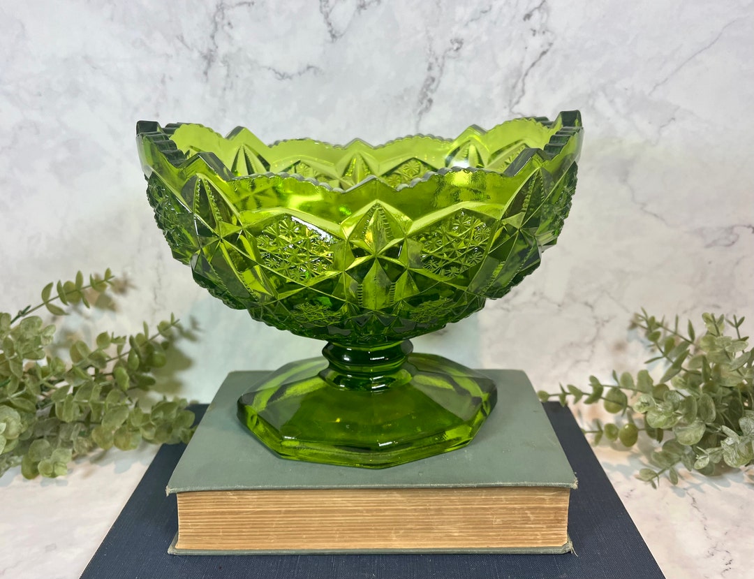 Vintage Mckee Kemple Toltec Pattern Green Glass Compote Dish - Etsy