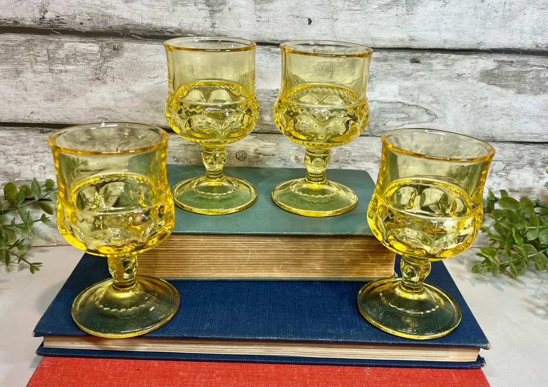 Vintage Yellow Glass Thumbprint Miniture Goblets Set of 4 Indiana Glass ...