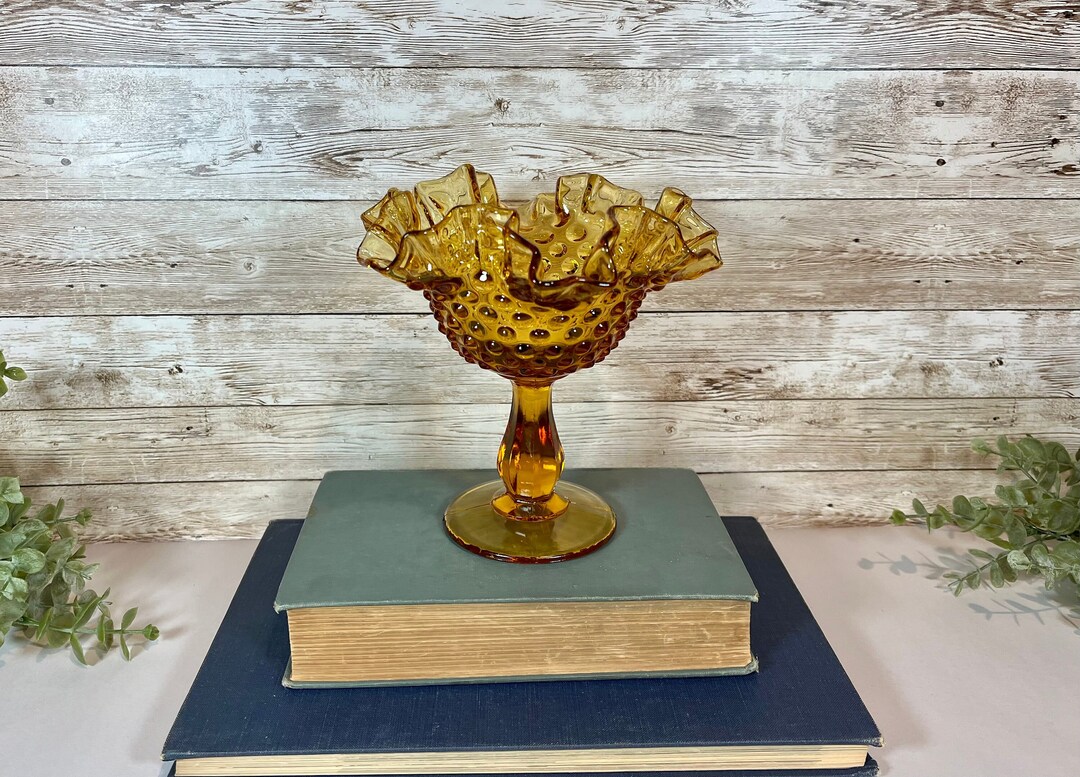 Vintage Fenton Hobnail Amber Pedestal Compote Dish | Fenton Ruffled ...