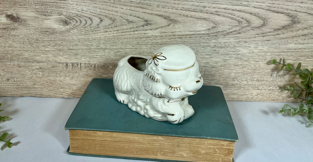 Vintage Ceramic White and Gold Poodle Planter - Etsy