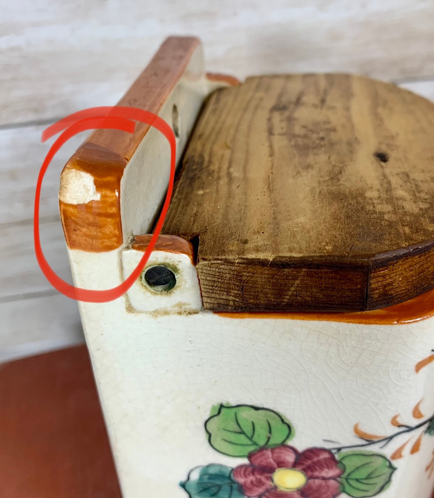 Antique Porcelain Saltbox with Wooden Lid | Vintage Hanging Salt Holder