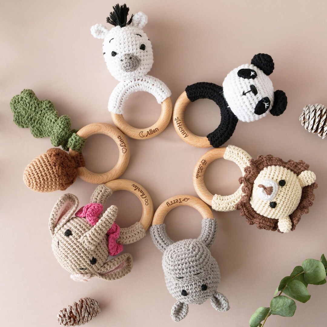 Crochet Toy Rattle for Babies, Personalized Baby Shower Gift, Wooden ...