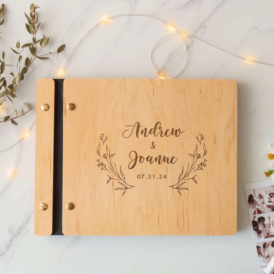 MAPLE Custom Wood Wedding Guest Book, Engraved Wooden Guestbook, Rustic ...