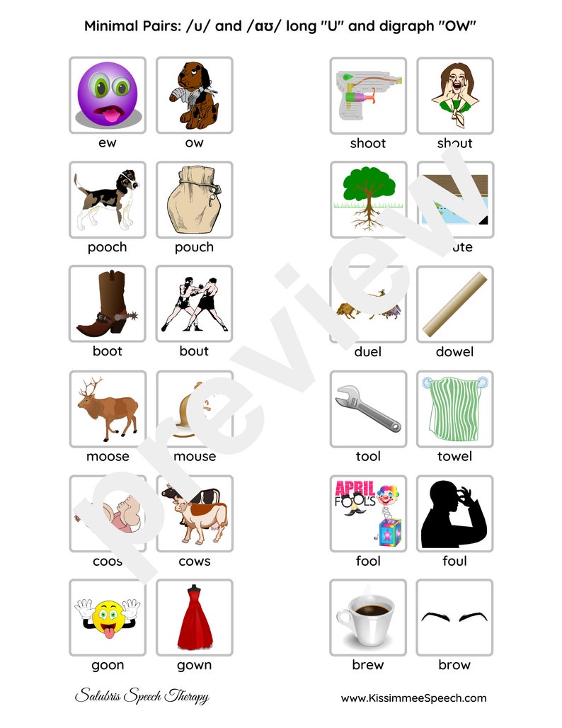 Minimal Pairs - Long U & OW Vowels - Speech Therapy Articulation ...