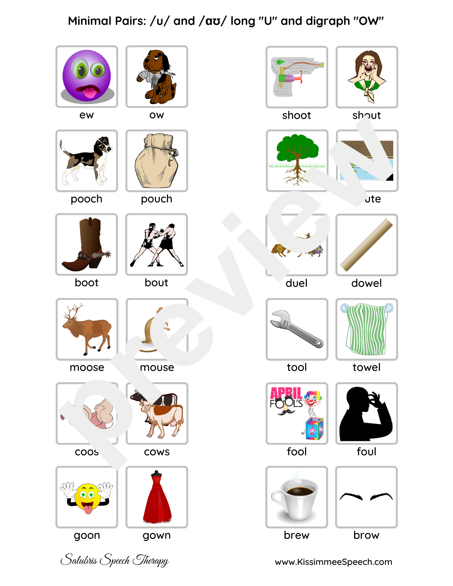 Minimal Pairs - Long U & OW Vowels - Speech Therapy Articulation ...