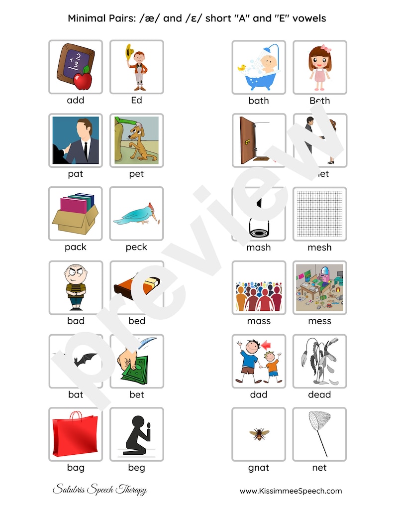 Minimal Pairs - Short A & E Vowels - Speech Therapy Articulation ...