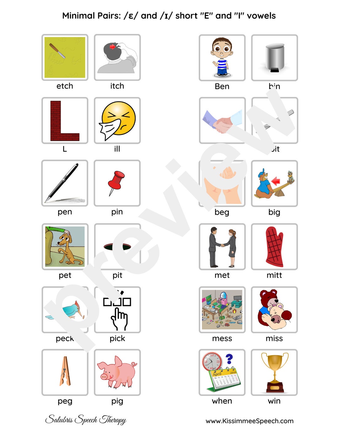 Minimal Pairs - Short E & I Vowels - 3 Pages - Speech Therapy ...