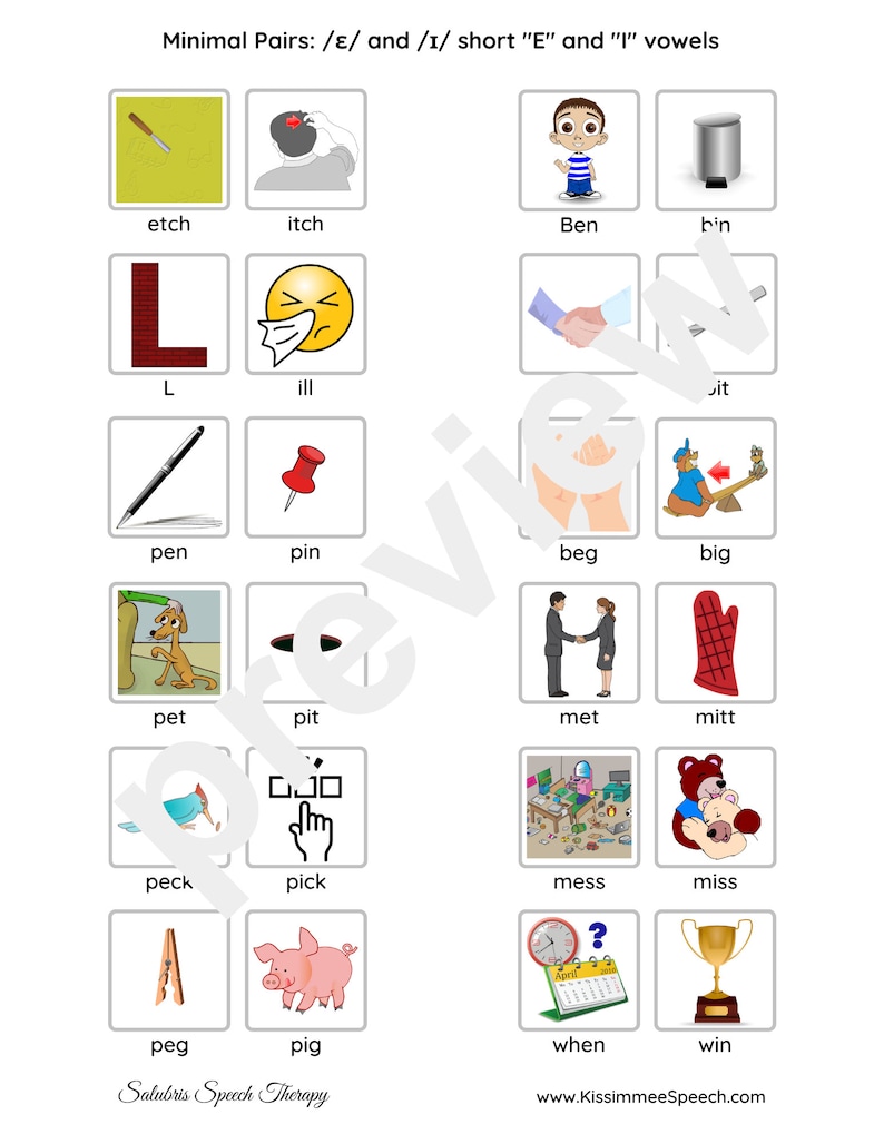 Minimal Pairs - Short E & I Vowels - 3 Pages - Speech Therapy ...