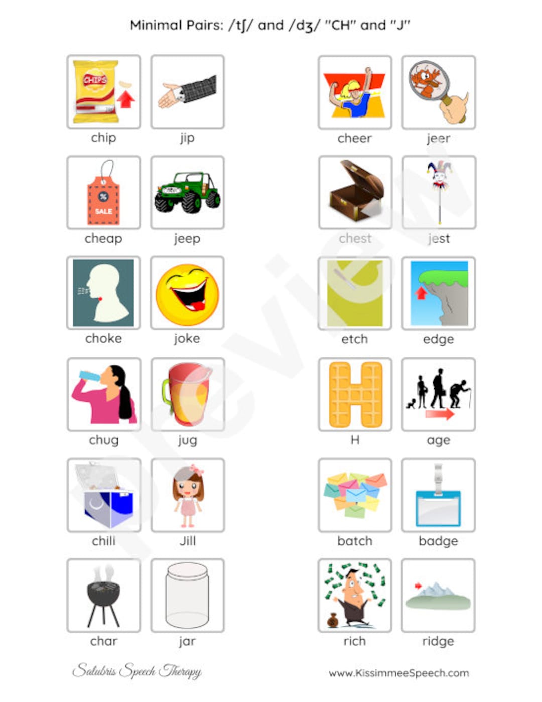 Minimal Pairs for "ch" and "j" Phonemes for Speech Therapy Practice ...