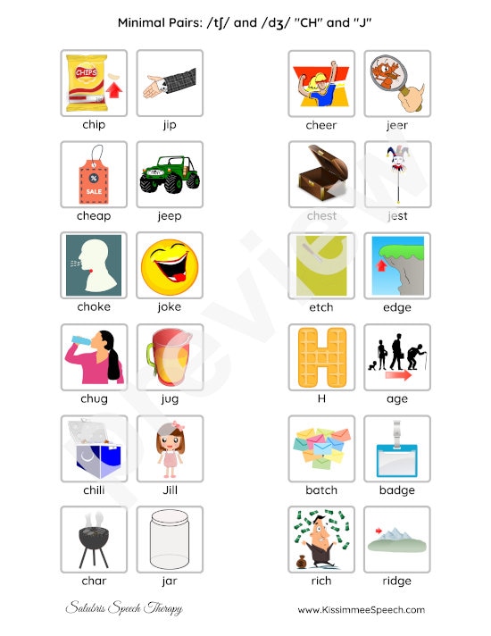 Minimal Pairs for "ch" and "j" Phonemes for Speech Therapy Practice ...