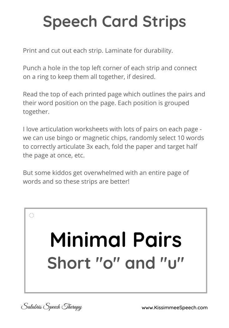 Card Strips - Minimal Pairs Short "o" & "u" - Speech Therapy ...