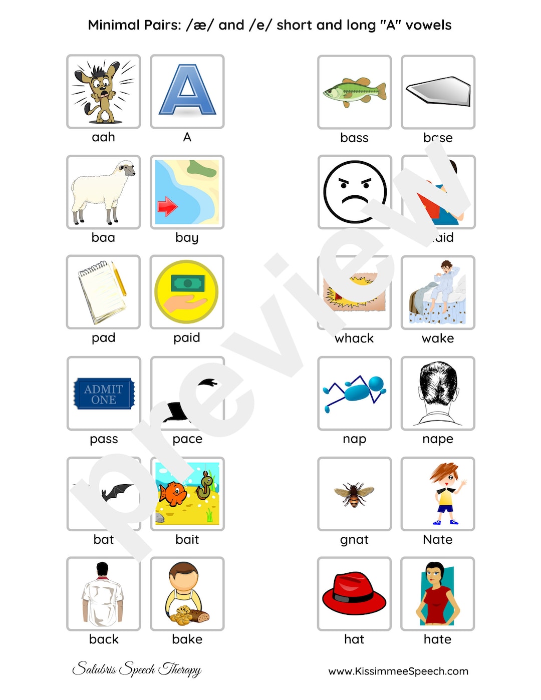Minimal Pairs - Short/long A Vowels - Speech Therapy Articulation ...