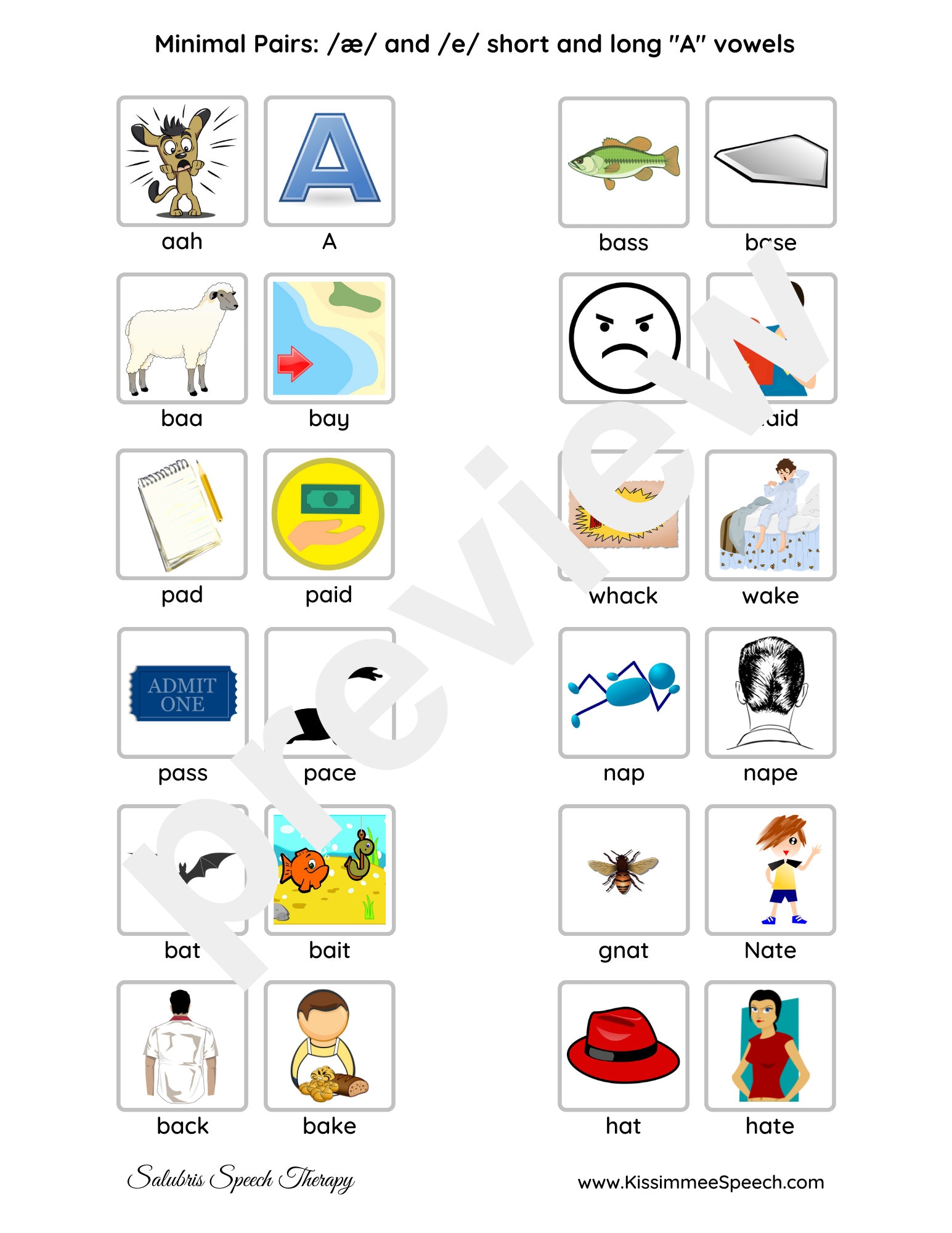 Minimal Pairs Short/long A Vowels Speech Therapy Articulation ...