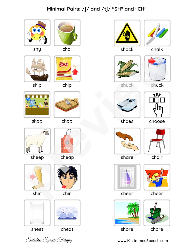 Minimal Pairs for "sh" & "ch" Phonemes for Speech Therapy Practice - 2 ...