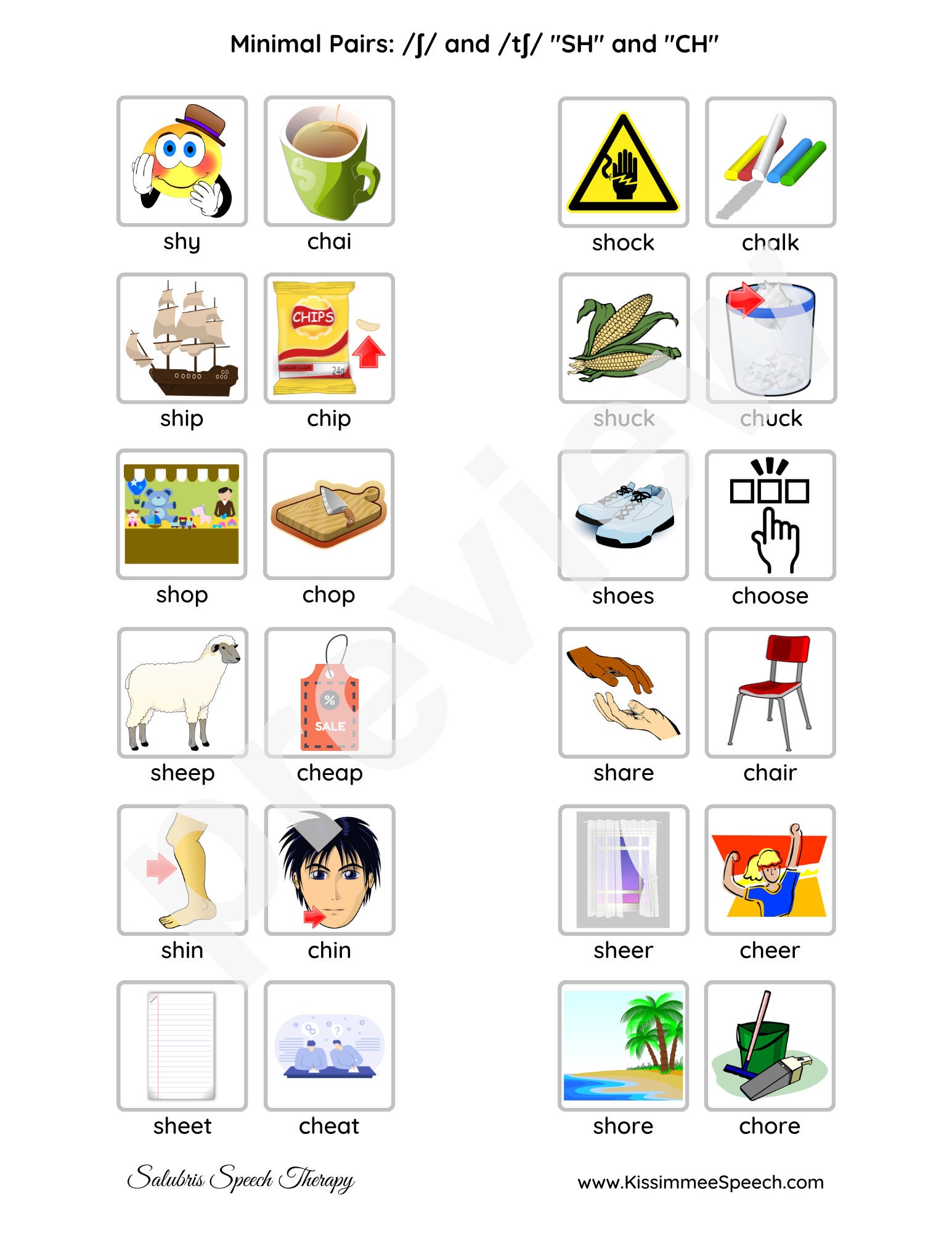 Minimal Pairs for "sh" & "ch" Phonemes for Speech Therapy Practice - 2 ...