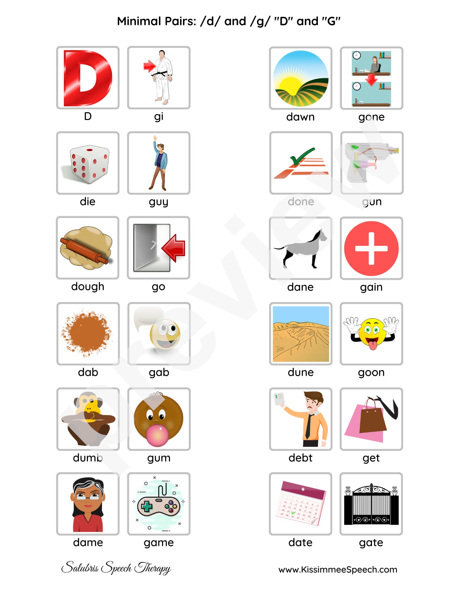Minimal Pairs for "d" and "g" Phonemes for Speech Therapy Practice - 3 ...