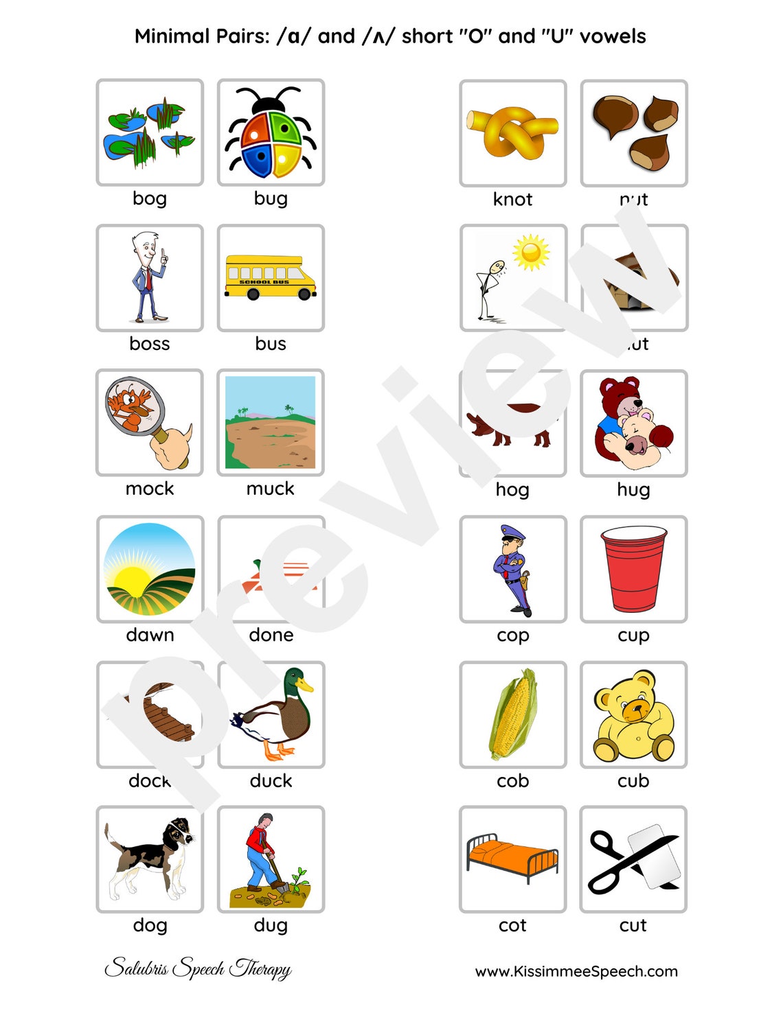Minimal Pairs - Short O & U Vowels - 2 Pages - Speech Therapy ...