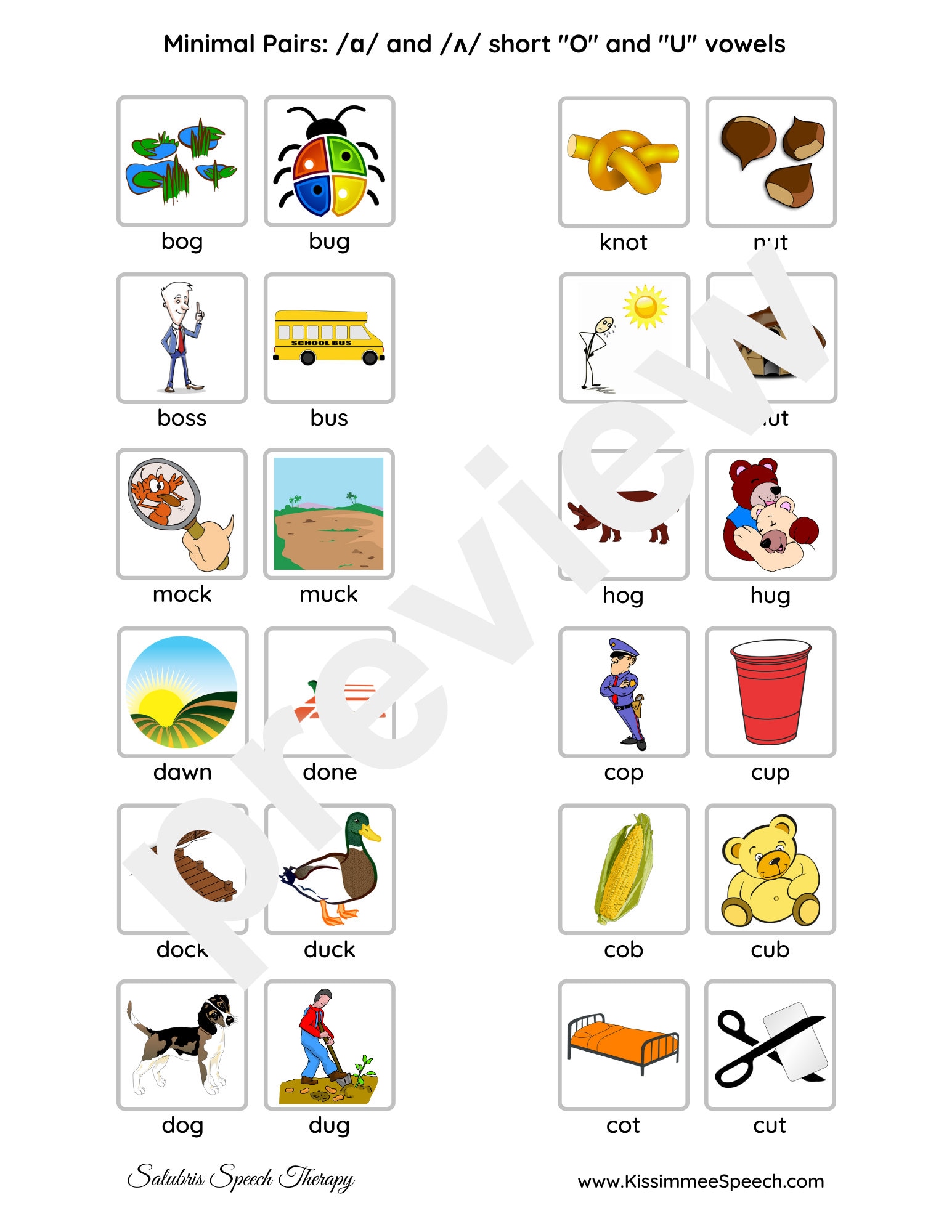 Minimal Pairs - Short O & U Vowels - 2 Pages - Speech Therapy ...